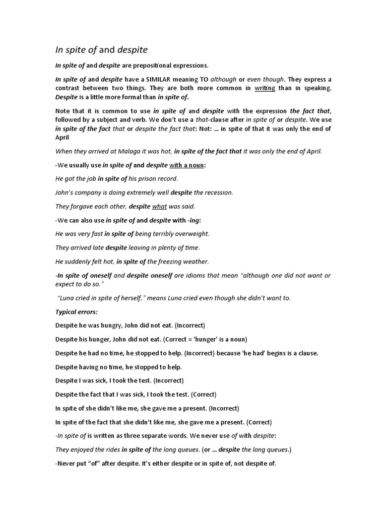 In Spite of vs. Despite Usage Guide | PDF