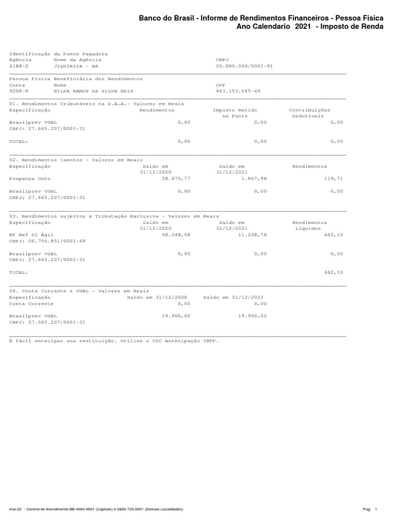 Informe de Rendimentos Financeiros do Banco do Brasil referente ao ano ...