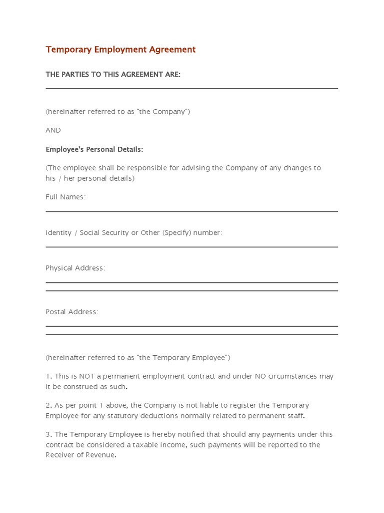 Temporary Employment Agreement | PDF | Employment | Temporary Work