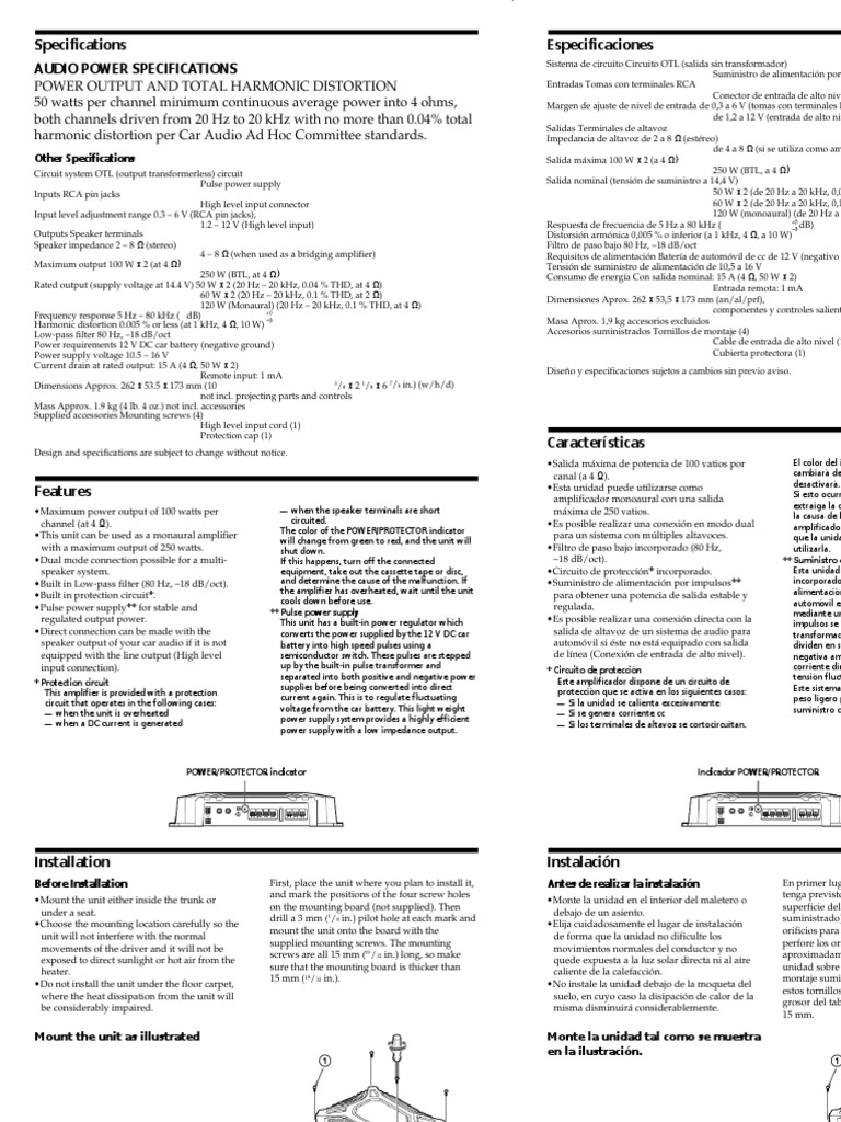 Manual de Usuario Sony XM-502Z (Español - 4 Páginas) | PDF | Altoparlante | Qualia