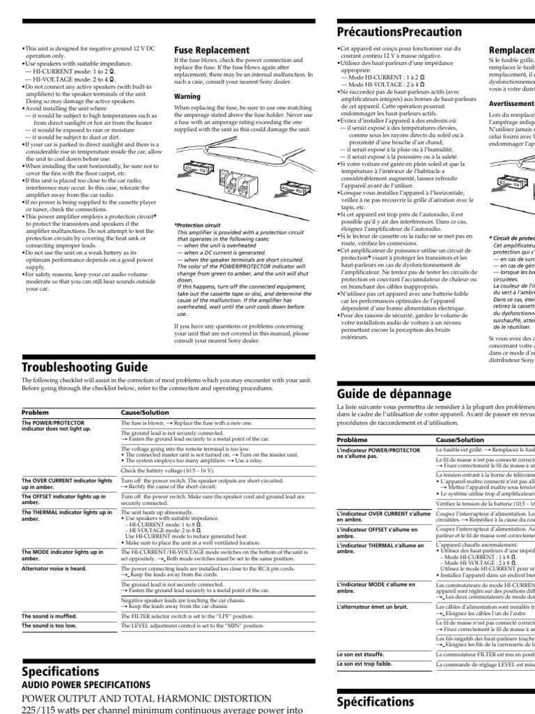 Manual de Usuario Sony XM-2252HX (2 Páginas) | PDF | Électrotechnique | Électronique