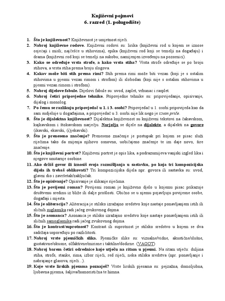 Knjizevni Pojmovi, 6. Razred (1. Polugodiste) | PDF