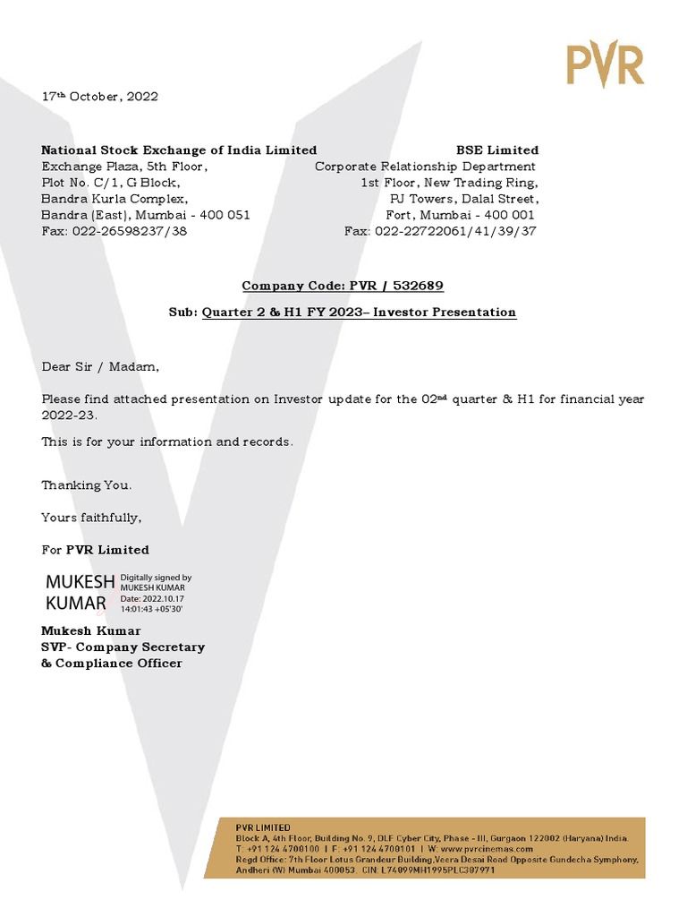 PVR - Investor Presentation - 17-Oct-22 - Tickertape | PDF | Cash And Cash Equivalents ...