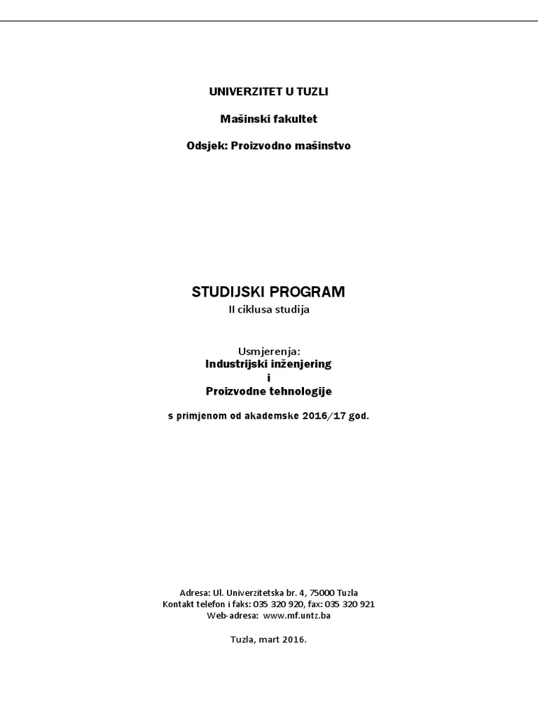 Studijski Program Proizvodno Mašinstvo Oba Usmjerenja | PDF