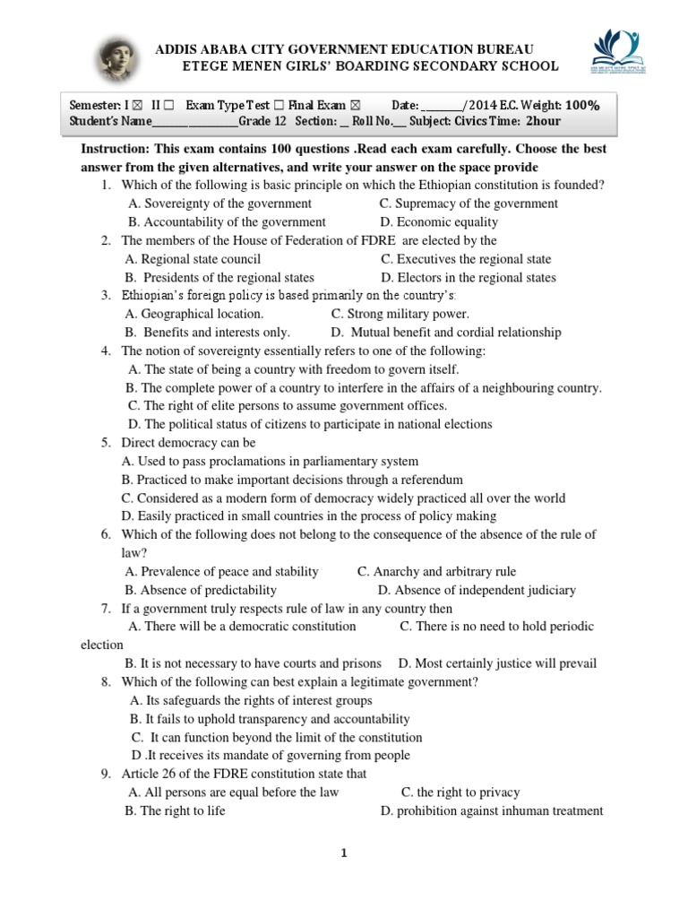 2014 Civics Grade 12 Model | PDF | Ethiopia | Democracy