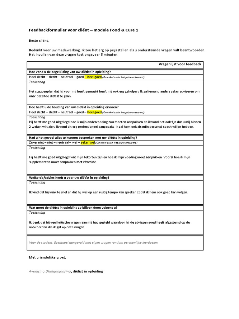 Feedbackformulier Cliënten Ondervoeding Video | PDF