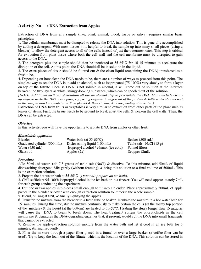 DNA Extraction From Apples | PDF | Filtration | Cell (Biology)