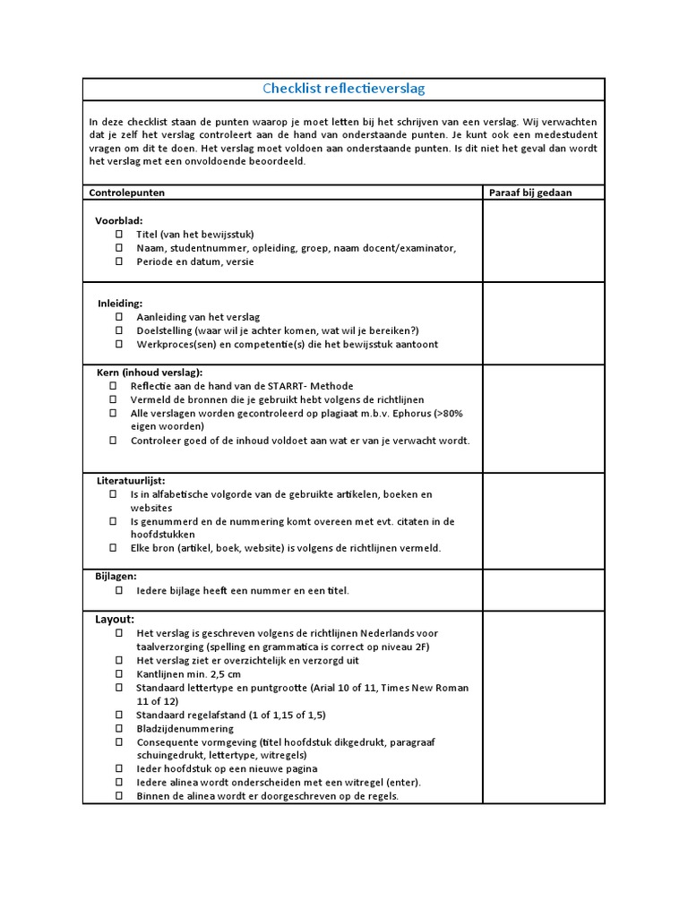 Checklist Reflectieverslag | PDF