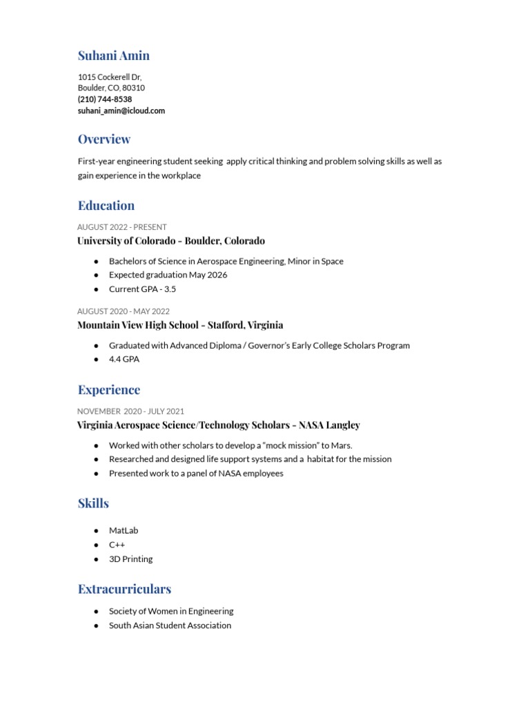 Suhani Amin: University of Colorado - Boulder, Colorado | PDF | Career & Growth | Technology ...