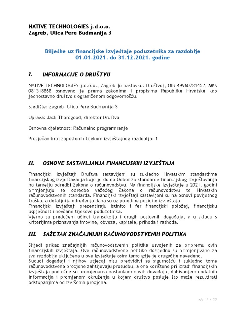 Biljeske Uz Financijske Izvjestaje 2021 MB05285844 | PDF