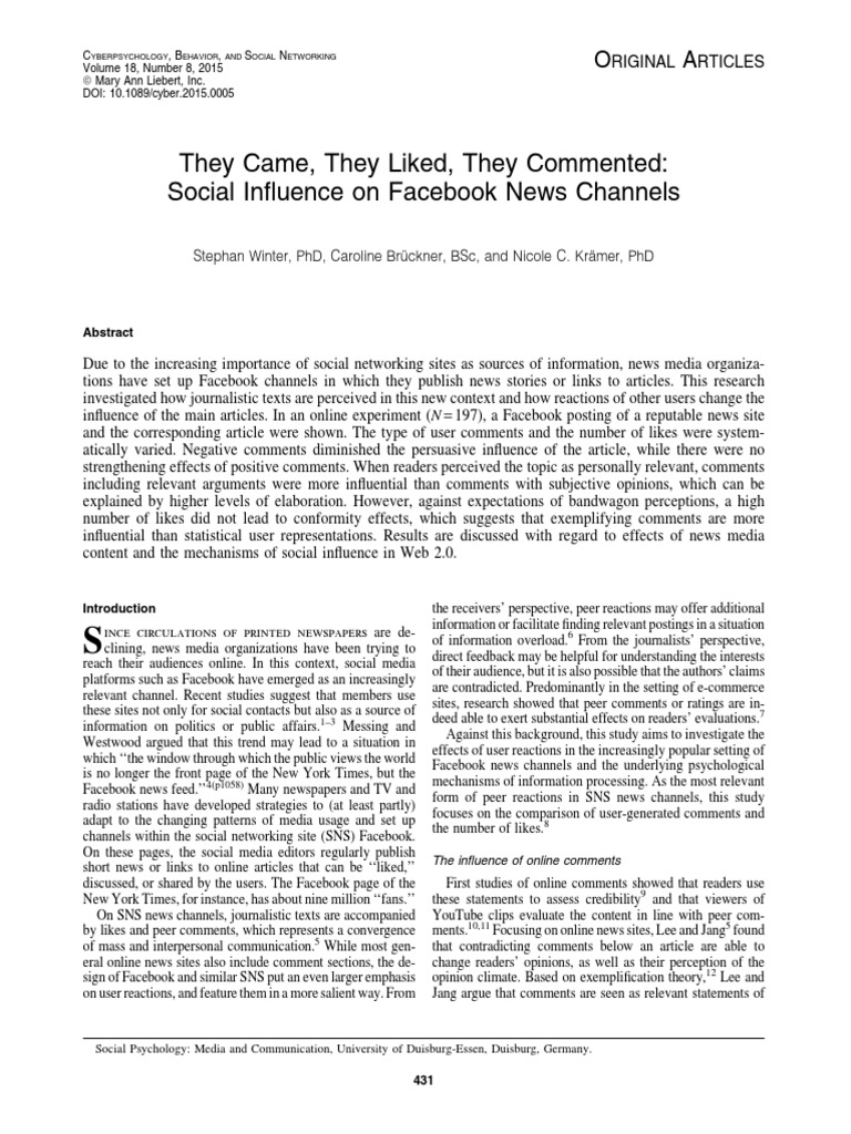 They Came, They Liked, They Commented: Social Influence On Facebook News Channels | PDF | Social ...