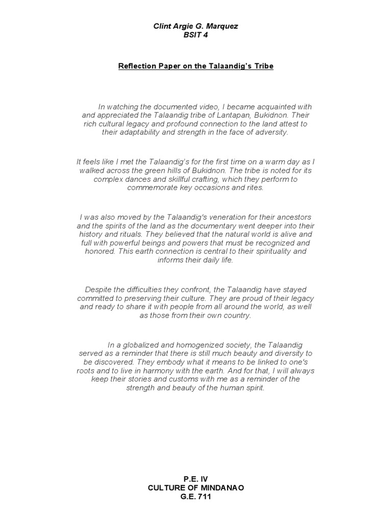 Reflection Paper On The Talaandig's | PDF
