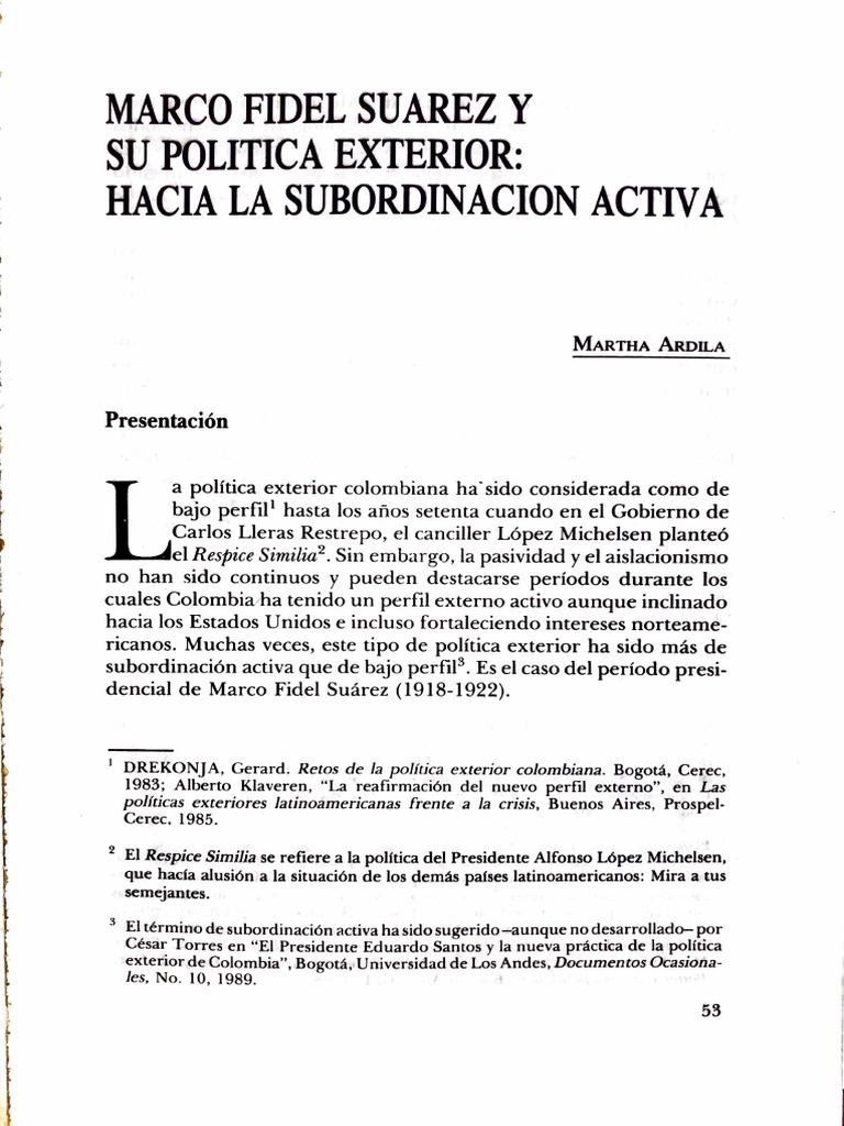 Política Exterior de Marco Fidel Suárez | PDF | Colombia | Gran depresion