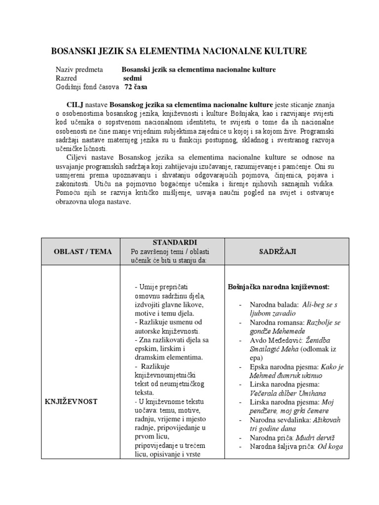 PNU - Bosanski Jezik Sa Elementima Nacionalne Kulture - 7 Razred OS - Prijedlog | PDF