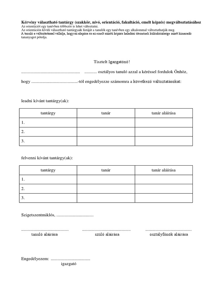 Kérvény Választható Tantárgy Megváltoztatásához | PDF Kérvény Választható Tantárgy Megváltoztatásához | PDF