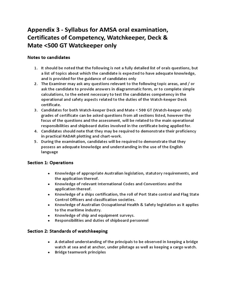 Appendix3 - Syllabus Amsa Oral Exam Cert Competency Watchkeeper Deck Mate | PDF | Ships | Navigation