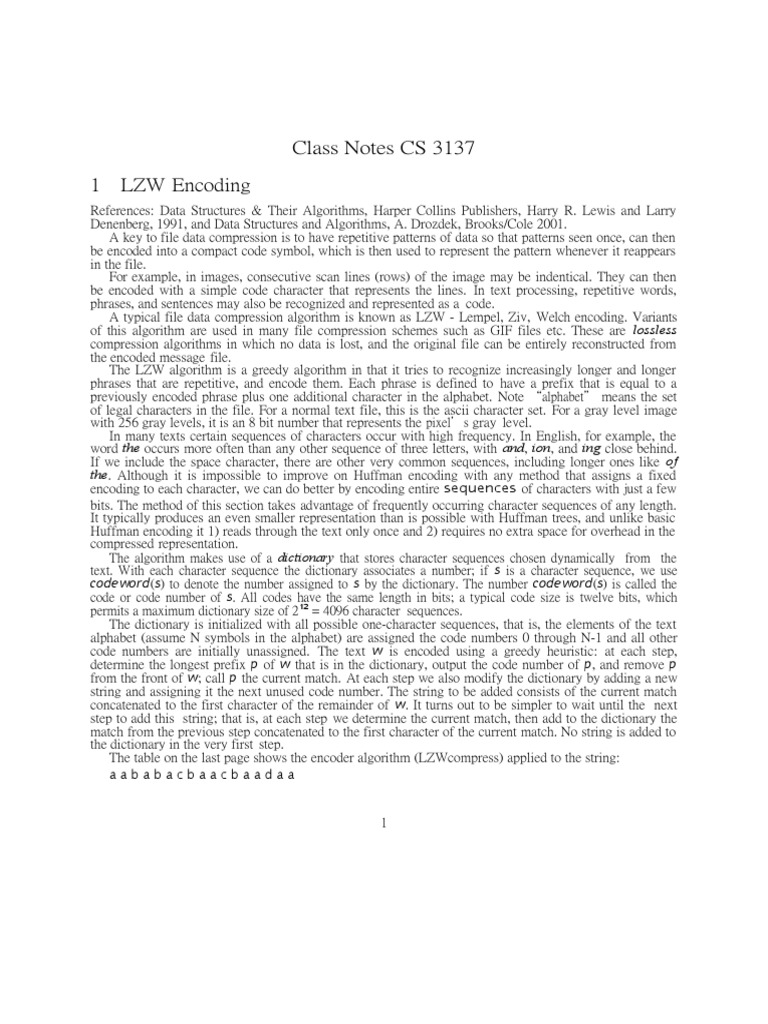 Class Notes CS 3137 1 LZW Encoding | PDF | Code | Data Compression