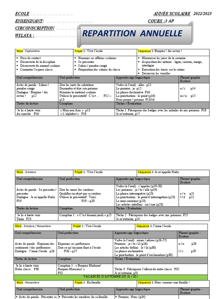 Progression Annuelle 3AP 2023-2024 | PDF | Phrase | Sémantique