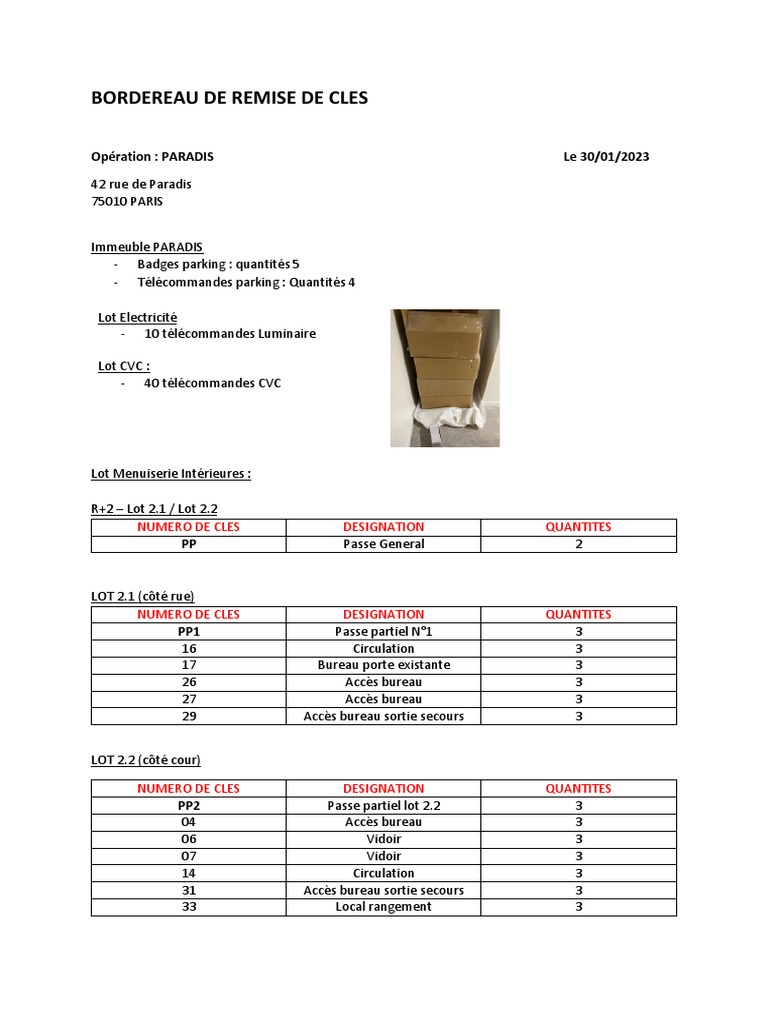 Bordereau de Remise de Cles | PDF