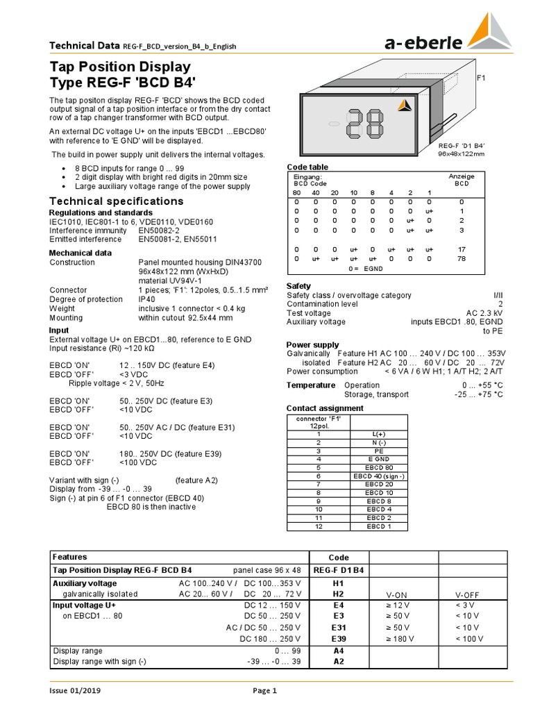 Tap Position Display Type REG-F 'BCD B4': Technical Data | PDF | Power ...