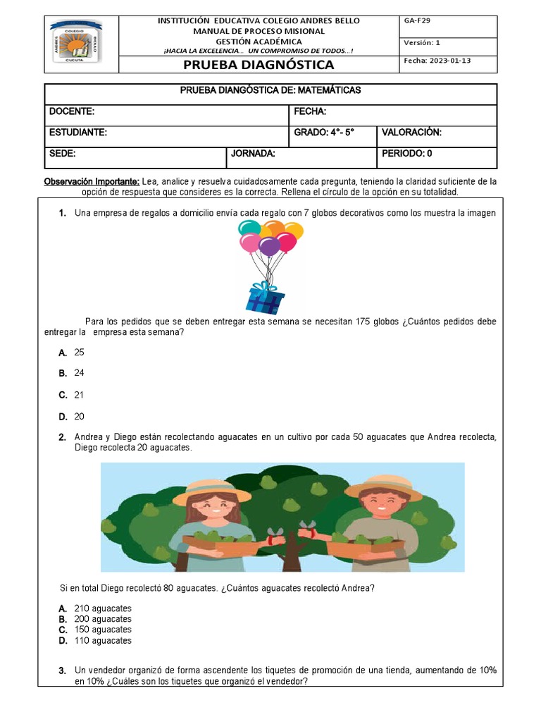 Prueba Diagnóstica de Matemáticas 2023 | PDF