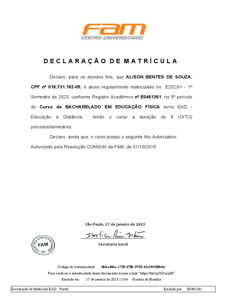 Declaração de Matrícula: CPF Nº 016.731.162-05, É Aluno Regularmente ...