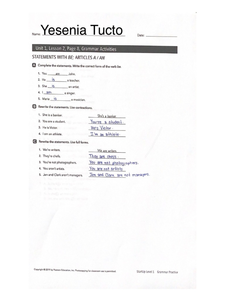 Unit 1, Lesson 2, Page 8, Grammar Activities | PDF