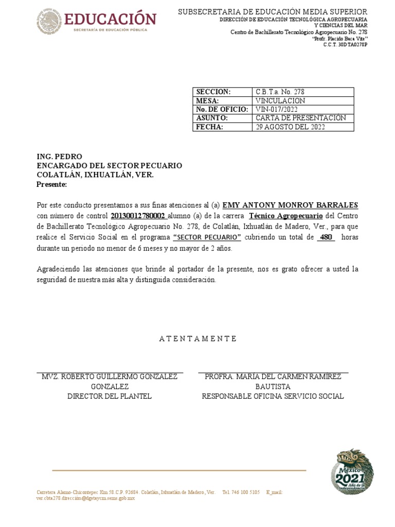 2 OFICIO DE PRESENTACION de Servicio | PDF