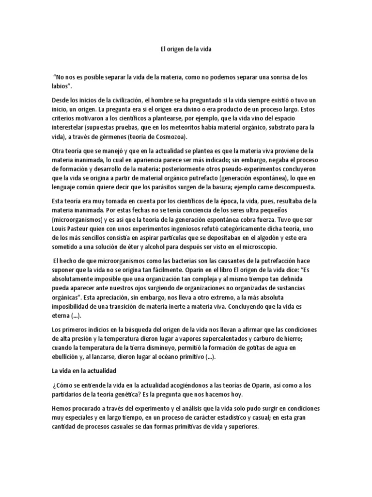 El Origen de La Vida Material Grado 11 | PDF | Vida | Abiogénesis