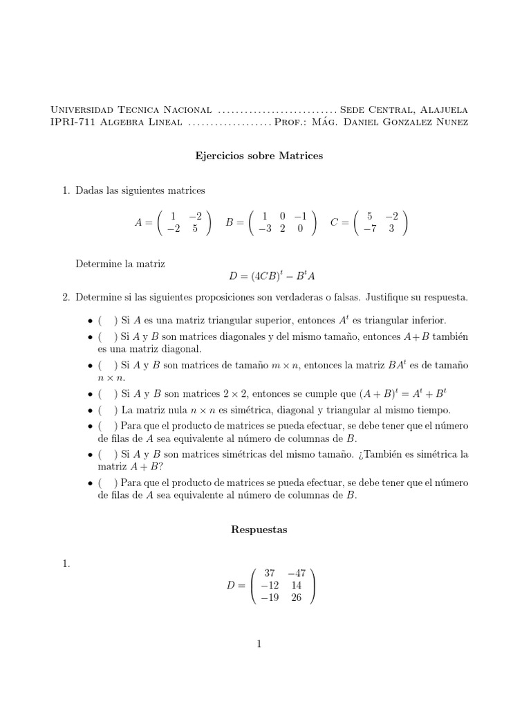 Ejercicios de Matrices - Tex | PDF