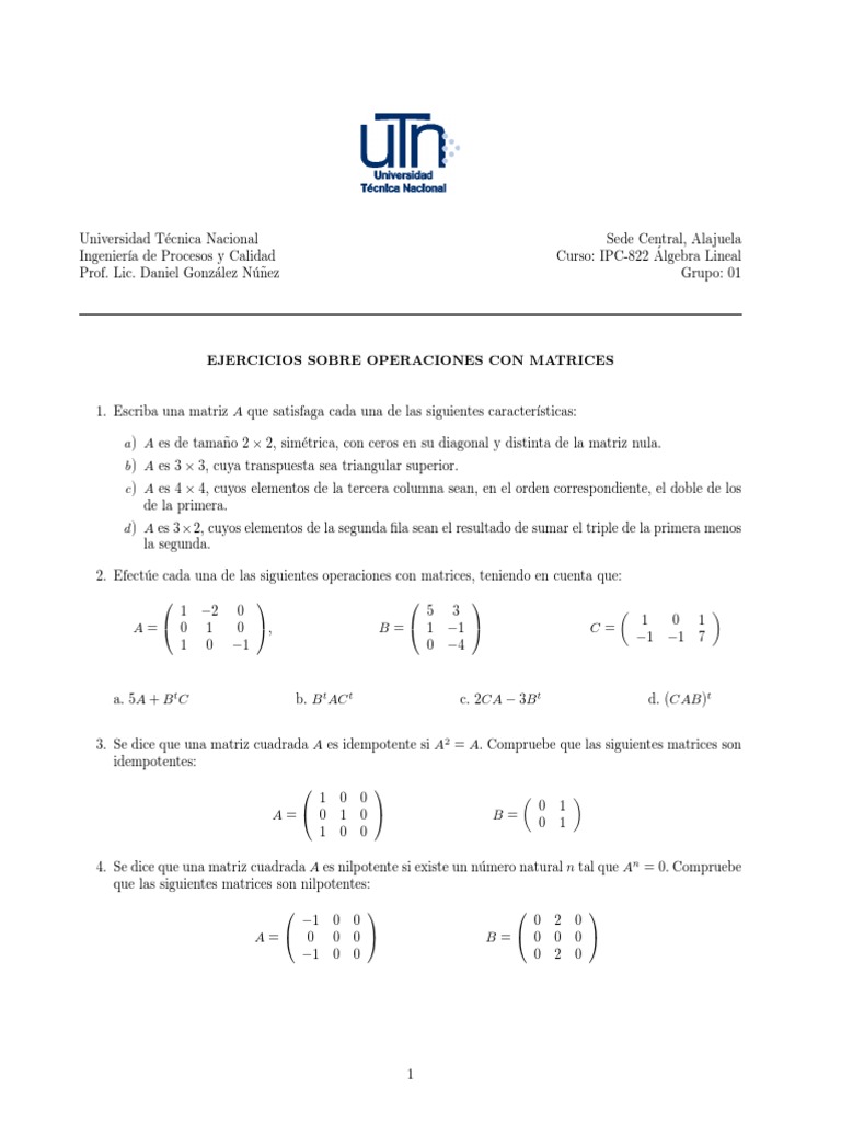 Ejercicios Operaciones Con Matrices | PDF | Matriz (Matemáticas) | Matemáticas