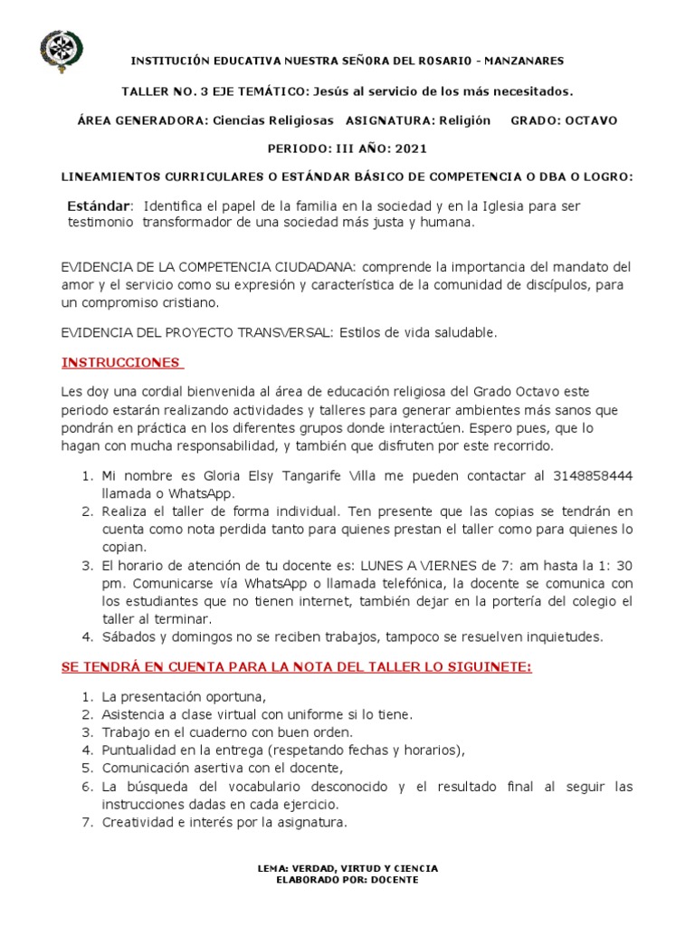 Taller de Religión Grado Octavo Colrosario | PDF | Jesús | Juan el apóstol