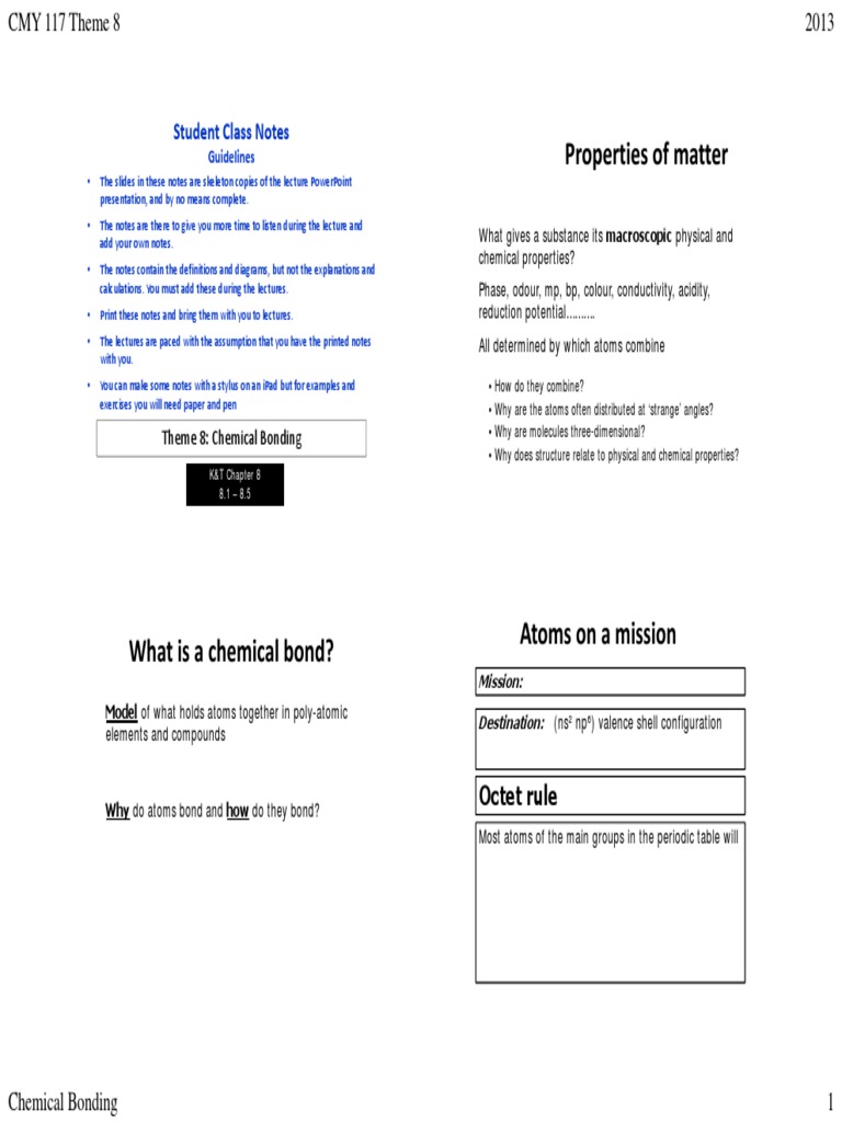 2013 CMY 117 Theme 8 Bonding STUDENT NOTES (4spp) | PDF | Chemical ...