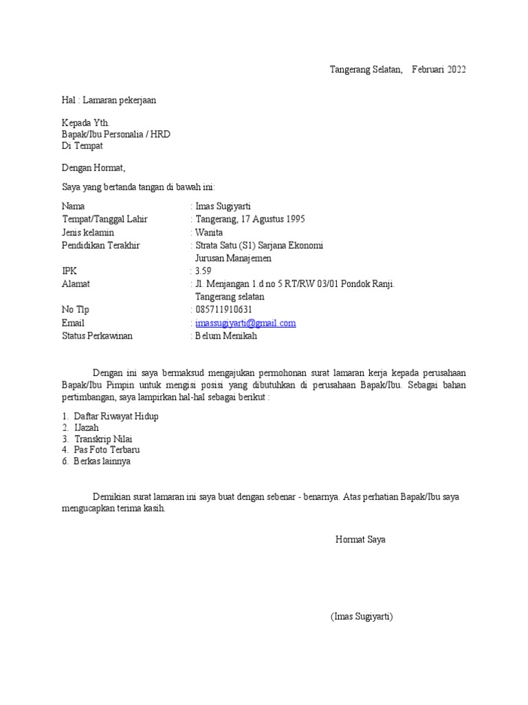 Surat Lamaran (Imas Sugiyarti) Untuk Semua | PDF