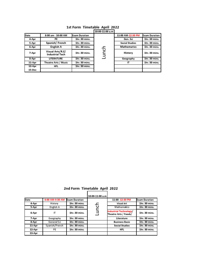 1st Form Schedule For EOT Test April 2022 | PDF | Science
