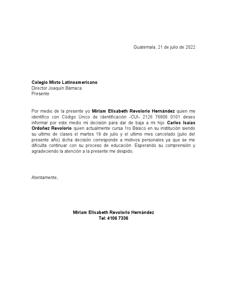 Carta para Dar de Baja en Colegio | PDF