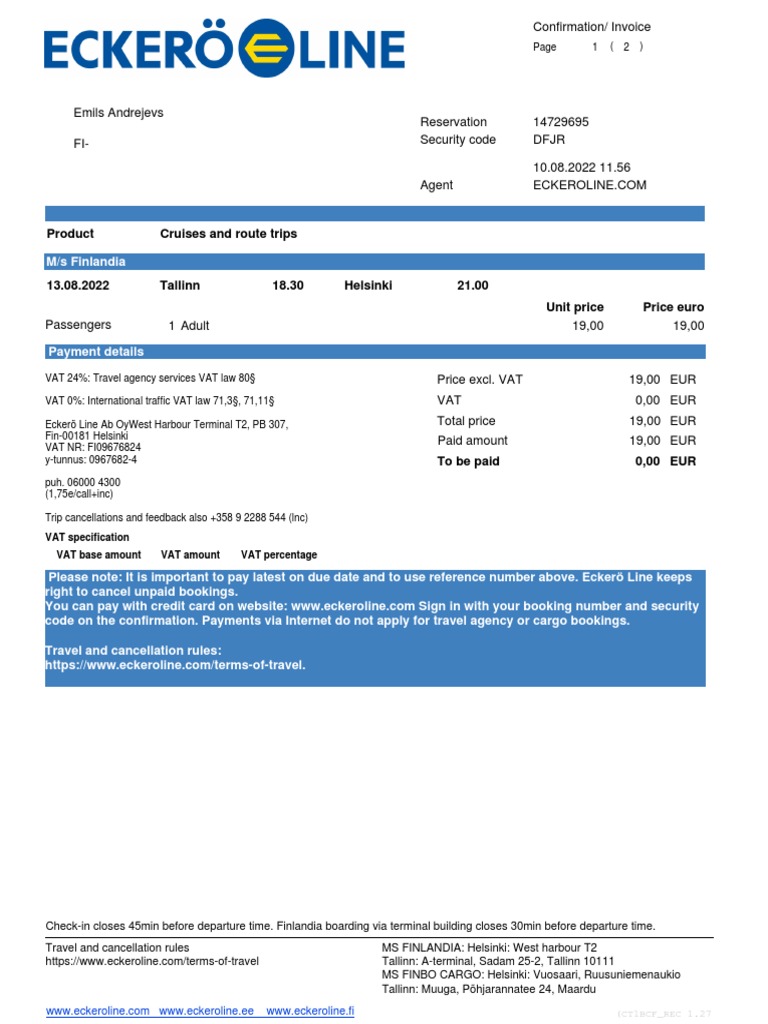 Cruises and Route Trips Product: Confirmation/ Invoice | PDF | Value ...