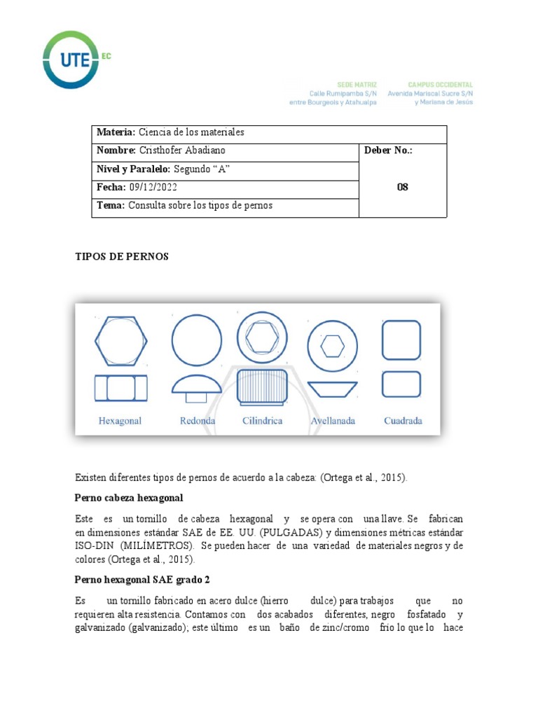 Tipos de Pernos | PDF | Tornillo | Materiales de construcción