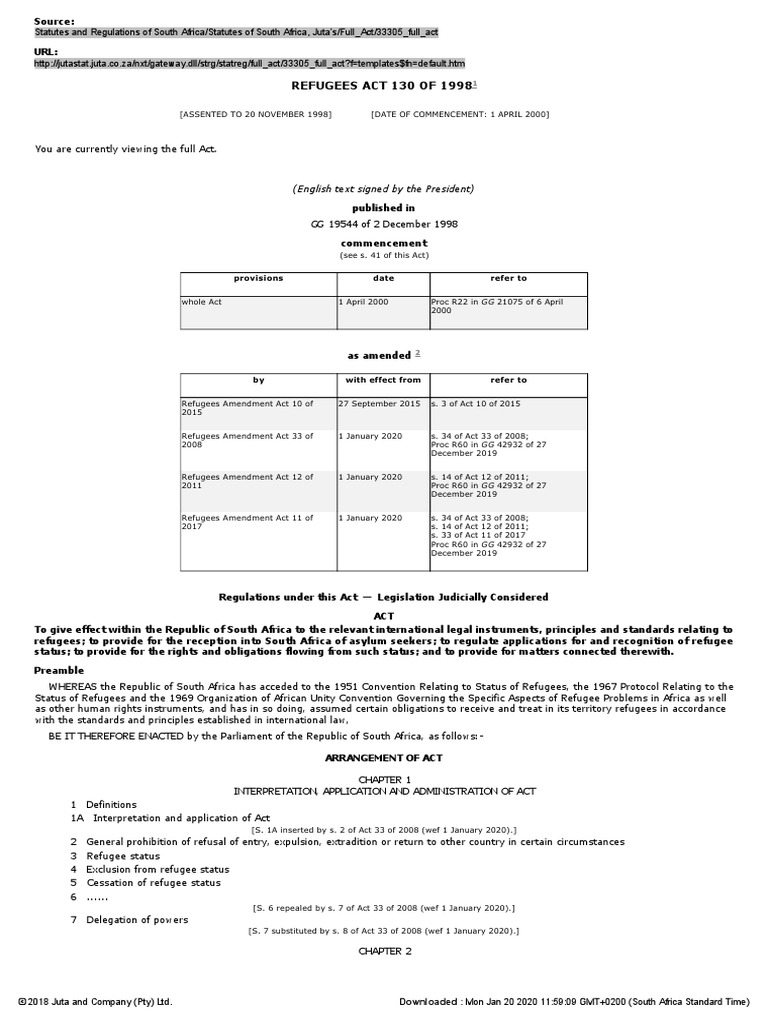 Refugees Act 130 of 1998 | PDF | Asylum Seeker | Travel Visa