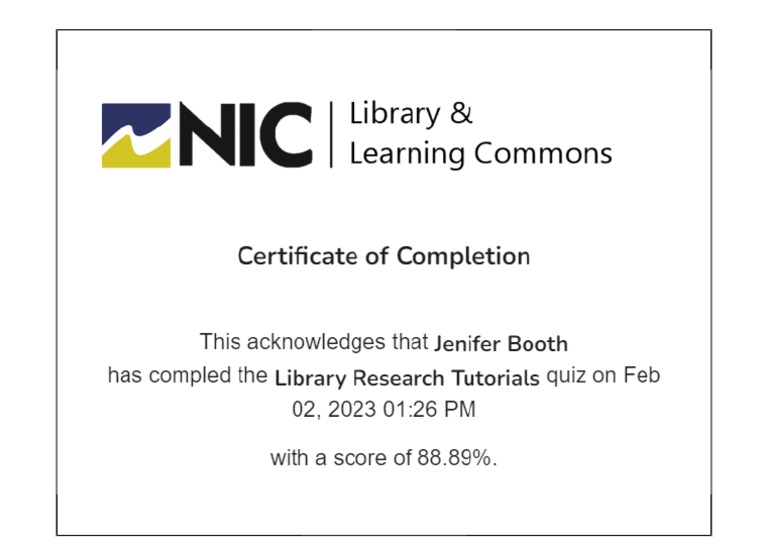 Certificate of Completion Library Research Tutorial Final Quiz | PDF