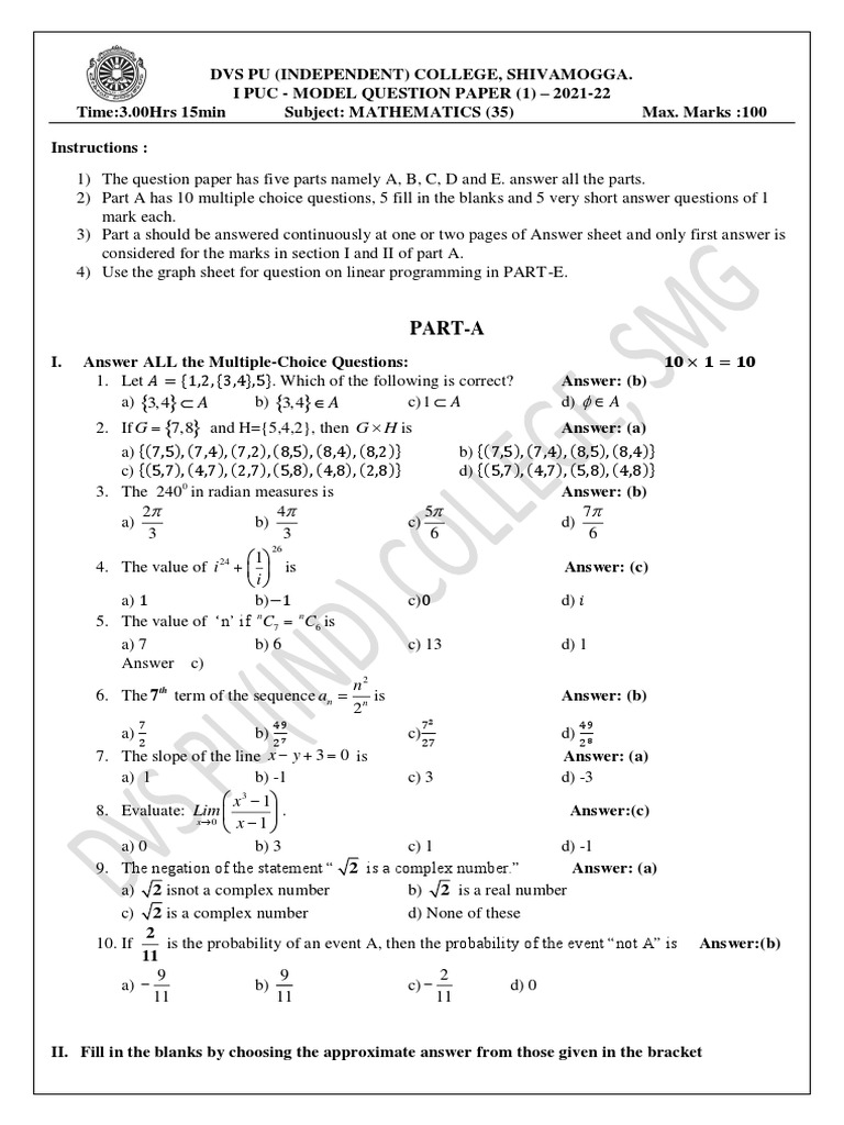 Mathematics Model Question Paper 2021-22 | PDF | Trigonometry | Mathematical Concepts