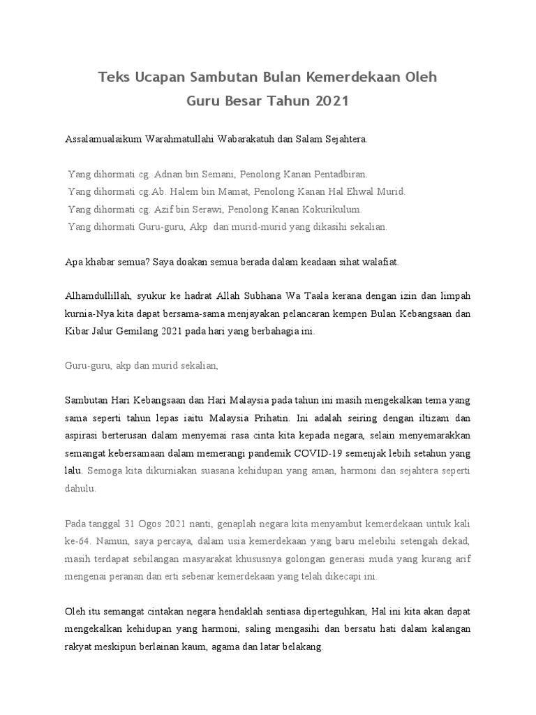 Teks Ucapan Sambutan Bulan Kemerdekaan Oleh Guru Besar | PDF