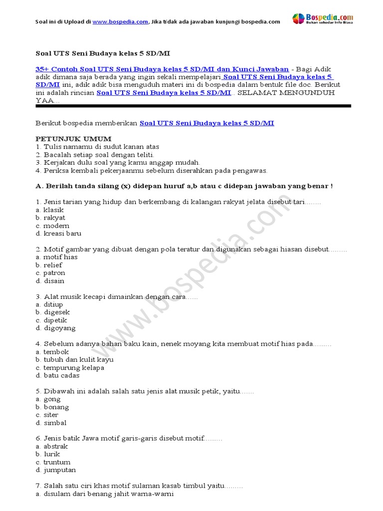 35+ Contoh Soal UTS Seni Budaya Kelas 5 SD MI Dan Kunci Jawaban | PDF