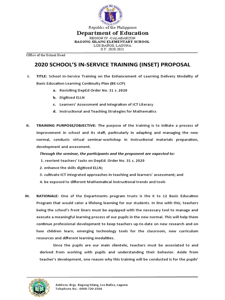 2020 PROJECT-SLAC-INSET FORMAT Proposal Bagong Silang Elementary School ...