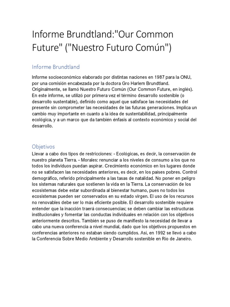 Resumen Informe Brundtland | PDF | Desarrollo sostenible | Sustentabilidad