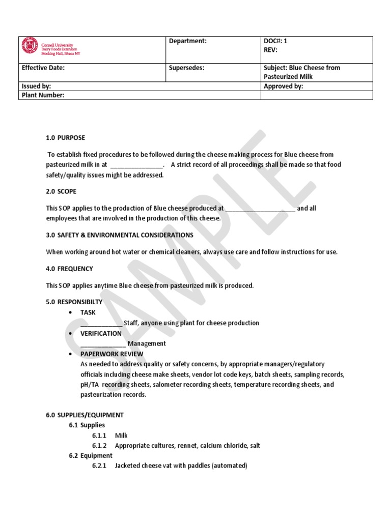 Blue Cheese Production SOP Guide | PDF | Cheese | Milk