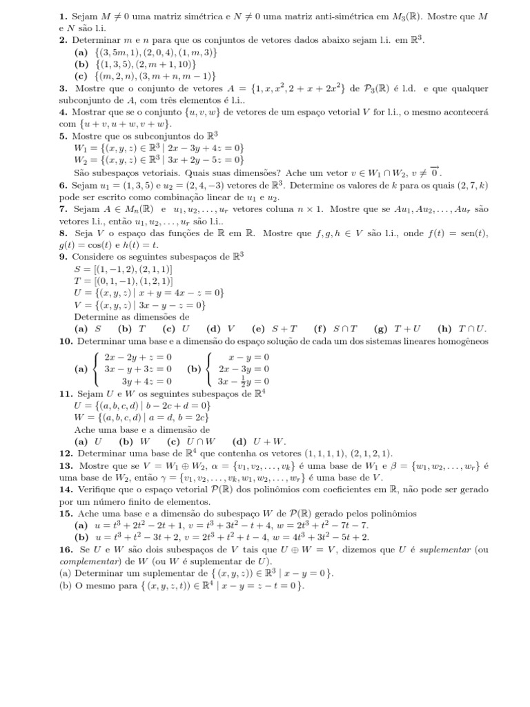 Exercicios Sobre Vetores Pdf Espaço Vetorial Dimensão