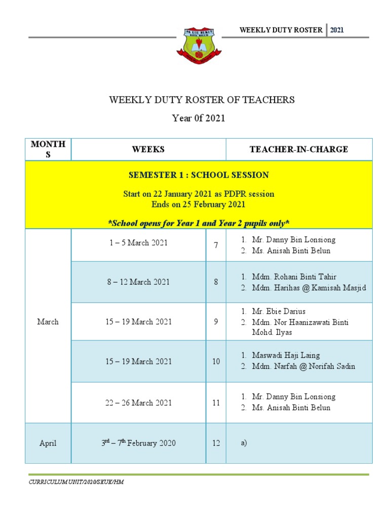 Teachers' Weekly Duty Roster 2021 | PDF