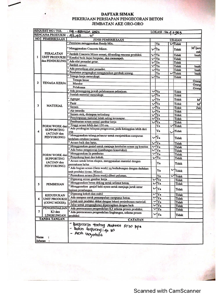 Daftar Simak Pengecoran Footing Abutmen fc'30 | PDF