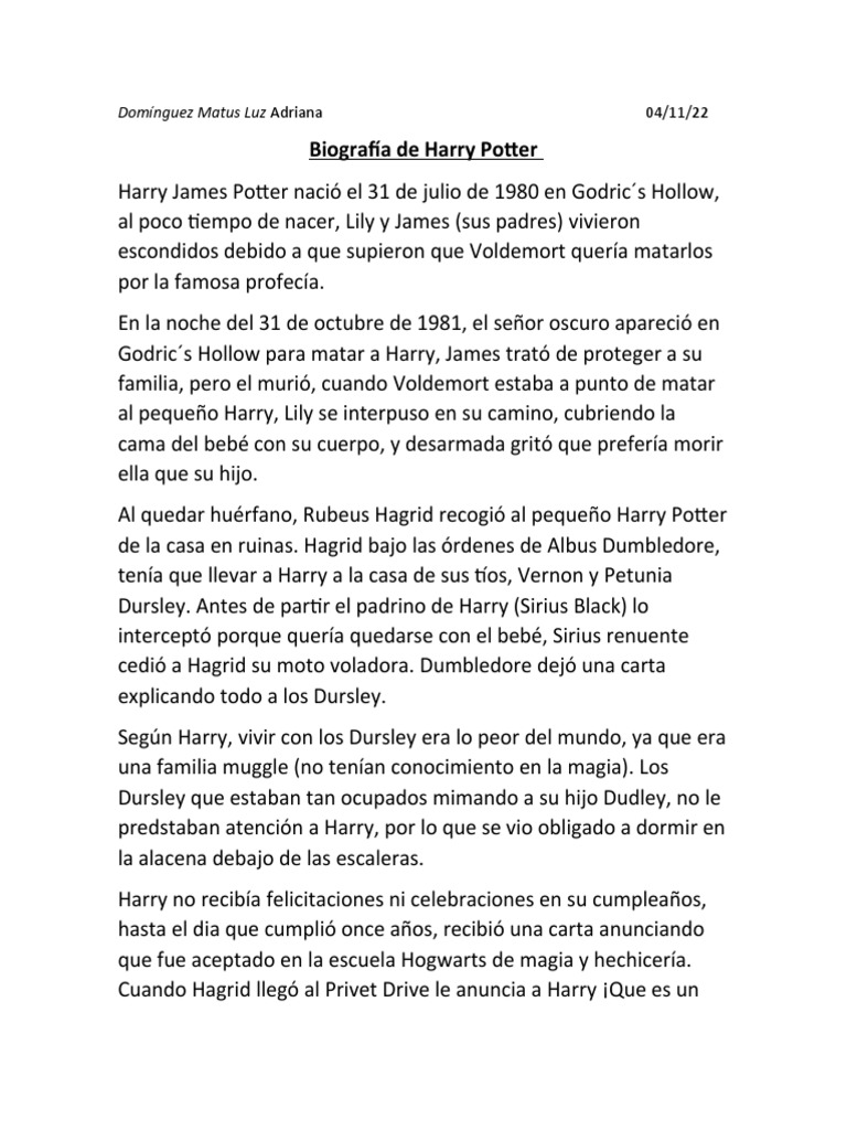 Biografía de Harry Potter: Vida y Legado | PDF | J. K. Rowling ...